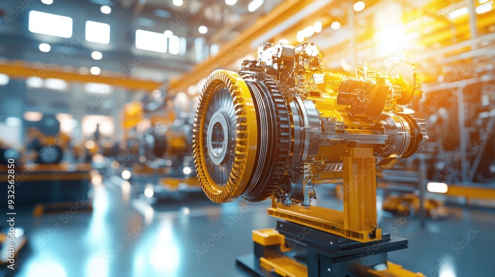 A detailed, industrial-themed banner showing a water pump assembly line ...