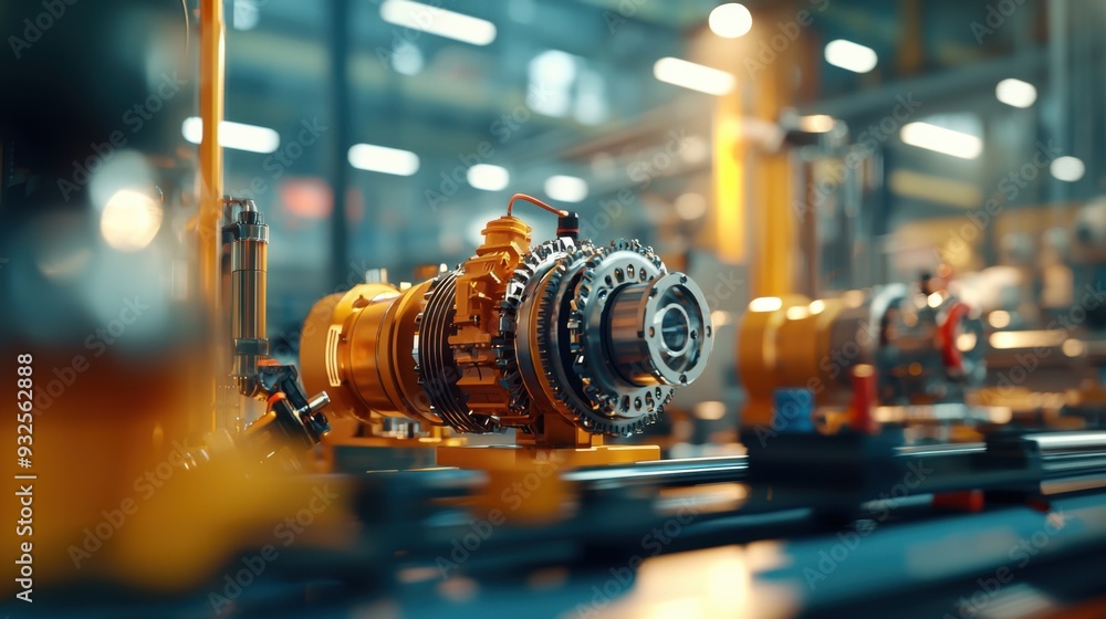 A detailed, industrial-themed banner showing a water pump assembly line ...