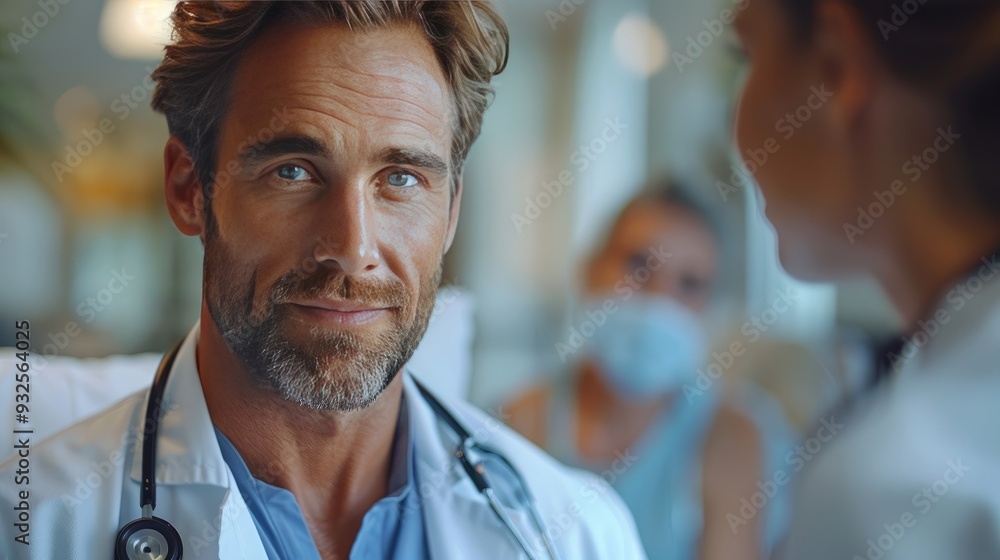portrait of handsome male doctor patient in hospital bed behind er ...