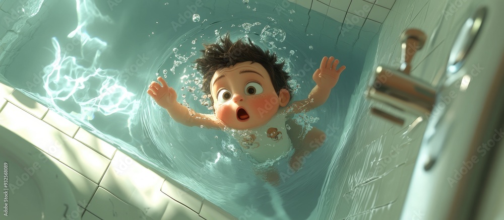3D Cartoon of a newborn baby diving underwater in a bathroom cradled in ...