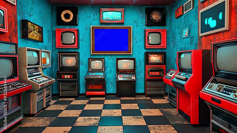 Surreal retro arcade room with vintage gaming consoles and checkerboard ...
