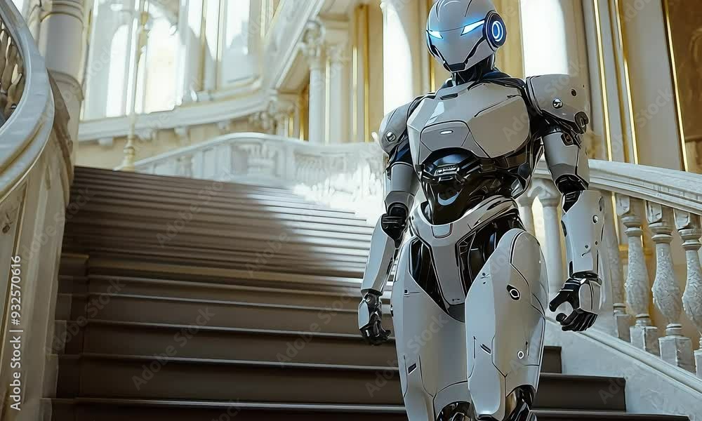 Futuristic Robot Descending Grand Staircase in Mansion with ai ...