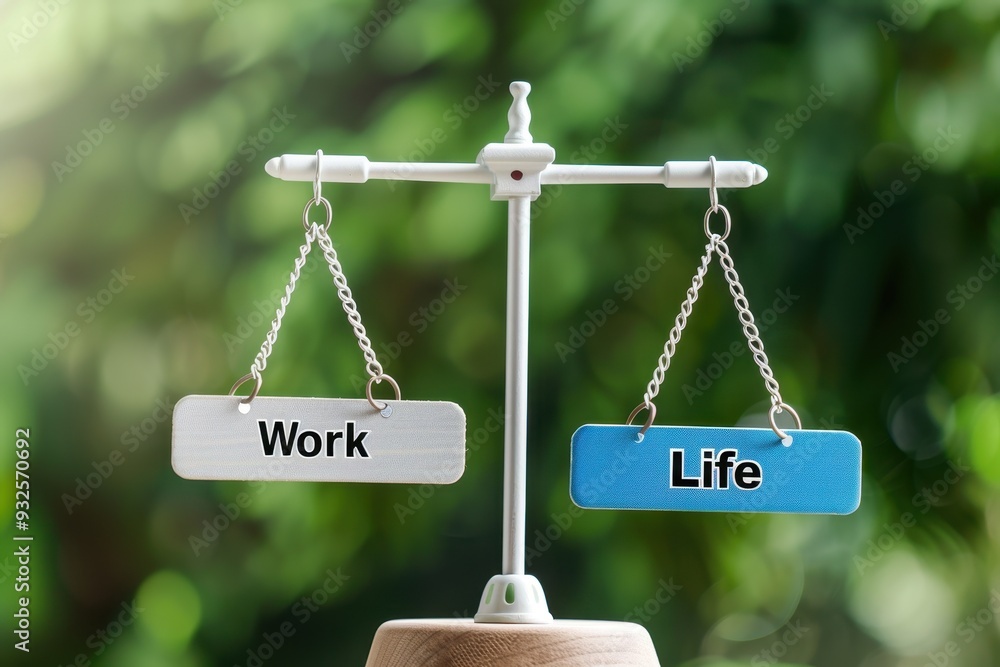 A scale balancing "Work" and "Life" on a blurred green background ...