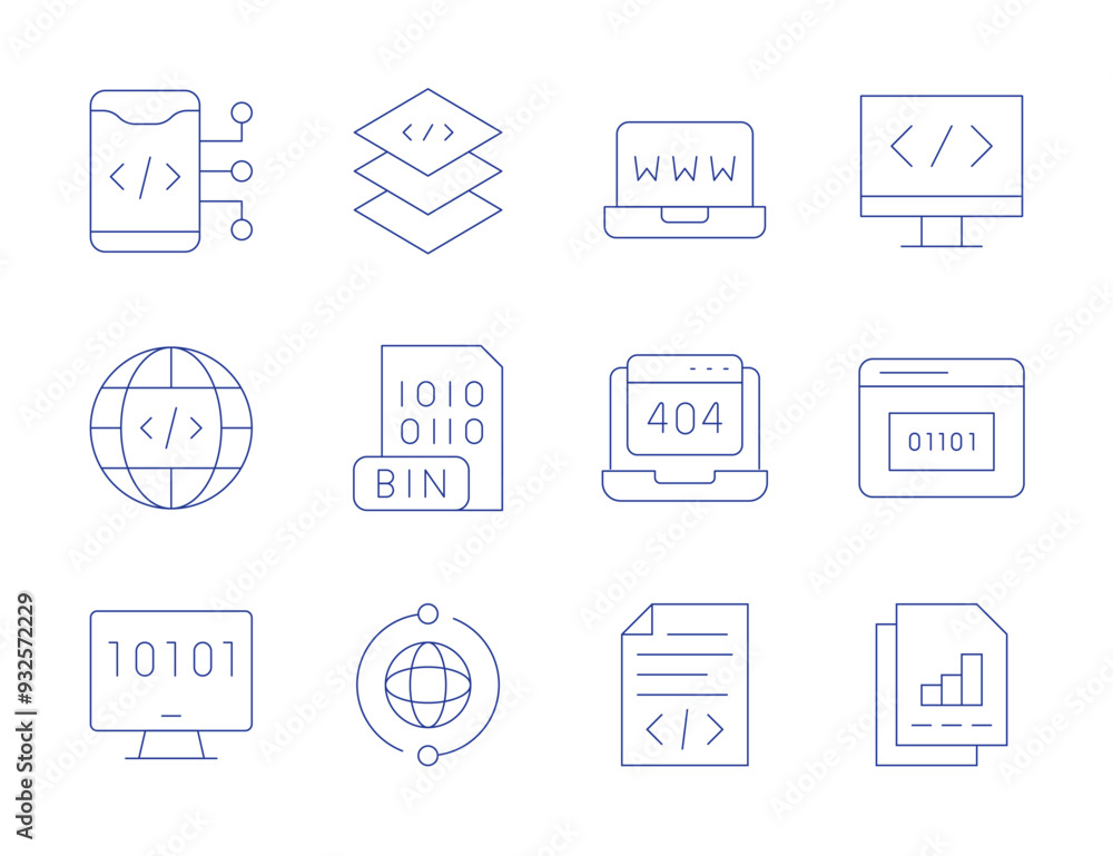 Programming icons. Thin Line style, editable stroke. web programming, programming, coding, bin ...