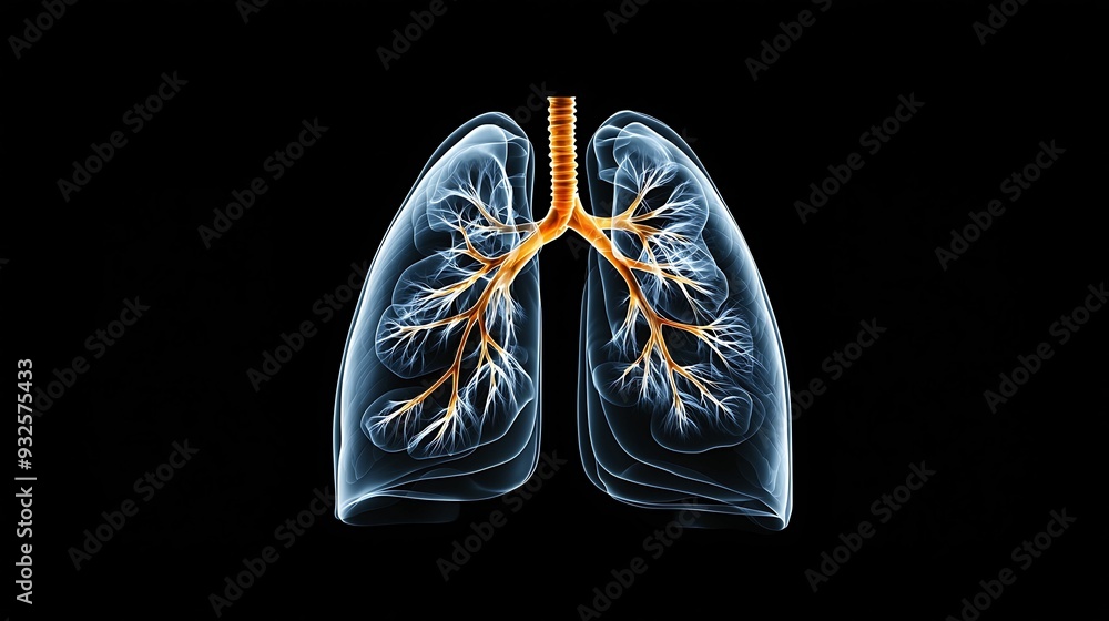 X-ray image of human lungs on a black background, high contrast ...