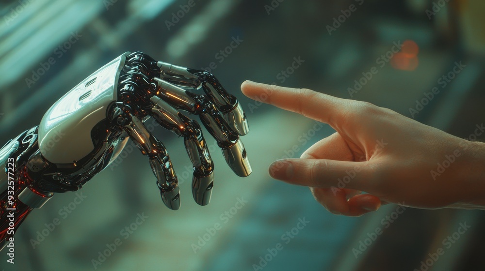 A symbolic image of a robot and human hand collaborating on a task, representing the harmonious ...
