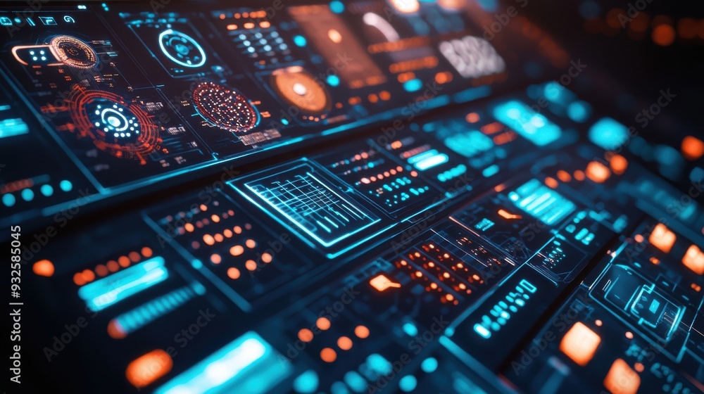 A close-up shot of a futuristic control panel in a smart city command ...