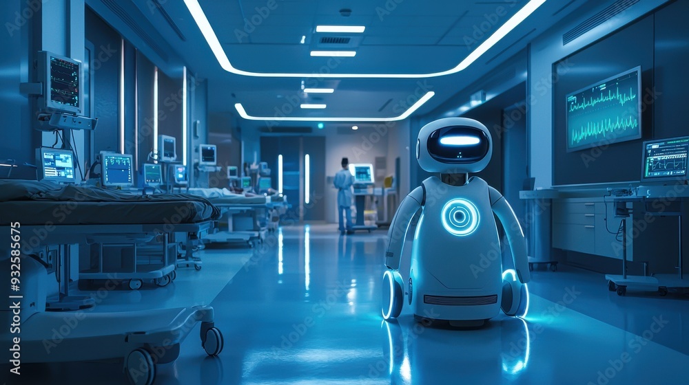 A modern hospital room equipped with AI-driven robotic assistants ...