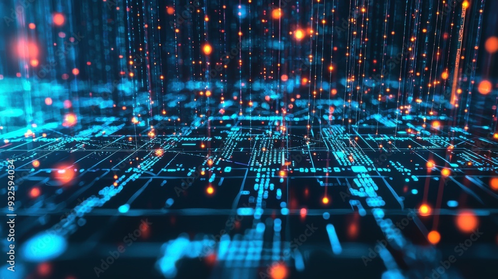 A detailed close-up of a machine learning algorithm visualized as a web of interconnected nodes ...