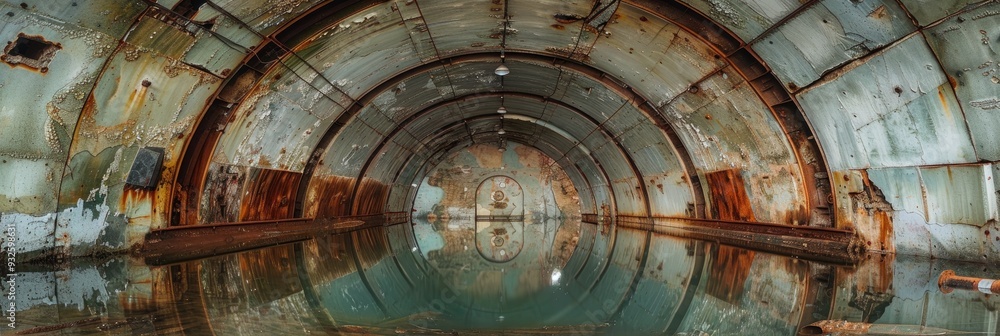 Flooded arched chamber in a derelict Soviet bunker command center ...