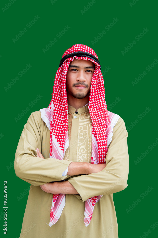 Portrait Vertical Islamic man smile look at camera wear muslim dress in ...