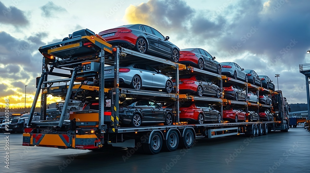 New cars on a hydraulic trailer ready for delivery and sale A car ...