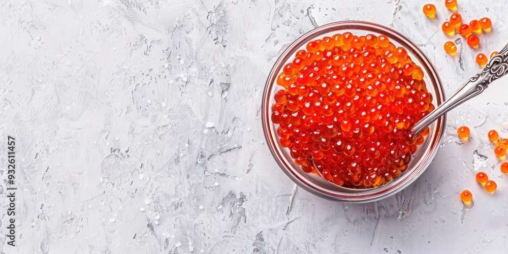 Red salmon caviar Fish roe on a spoon in a glass bowl Fresh seafood ...