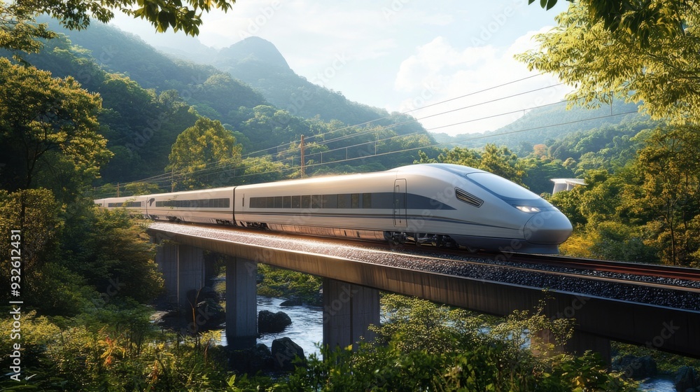 Detailed view of a high-speed train passing through a scenic landscape ...