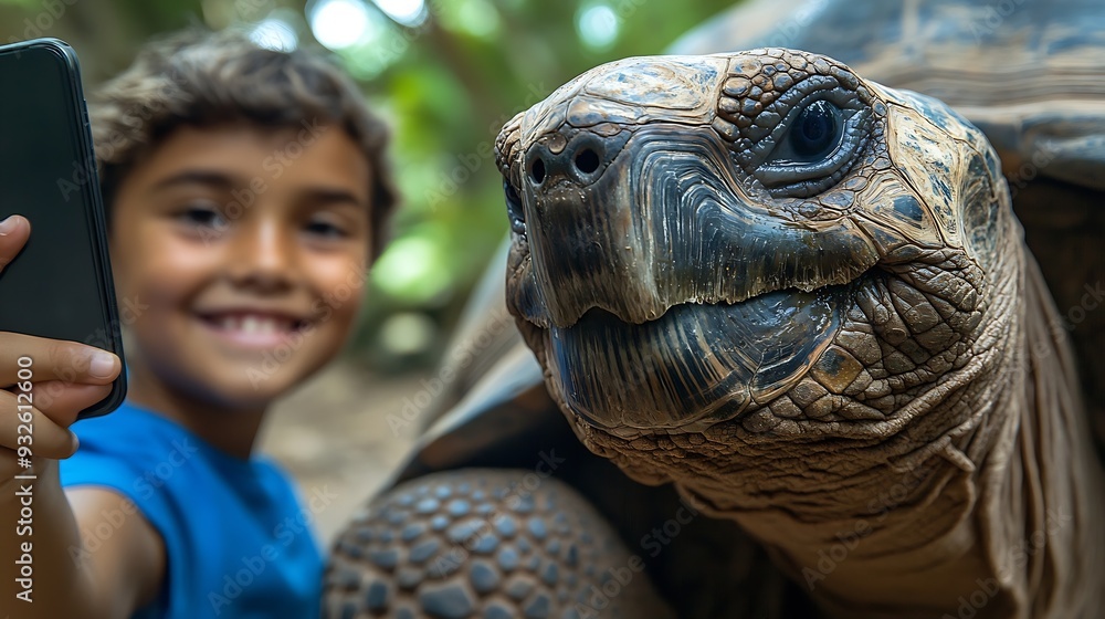Smiling tourist boy making a selfie using cell phone with Aldabra giant ...