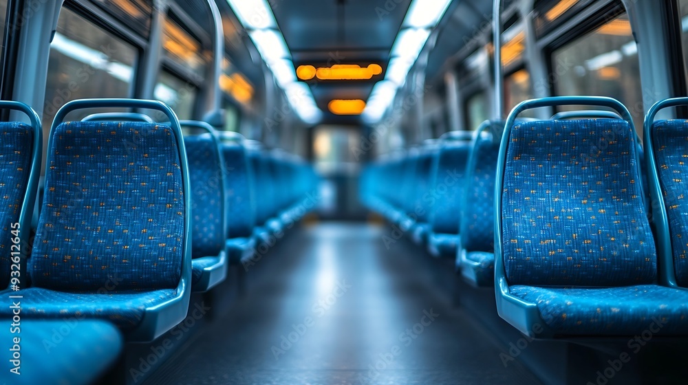 interior of a modern train or bus with rows of blue seats and a central ...