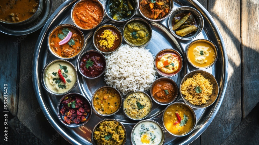 Detailed view of a traditional Indian thali, featuring a variety of ...
