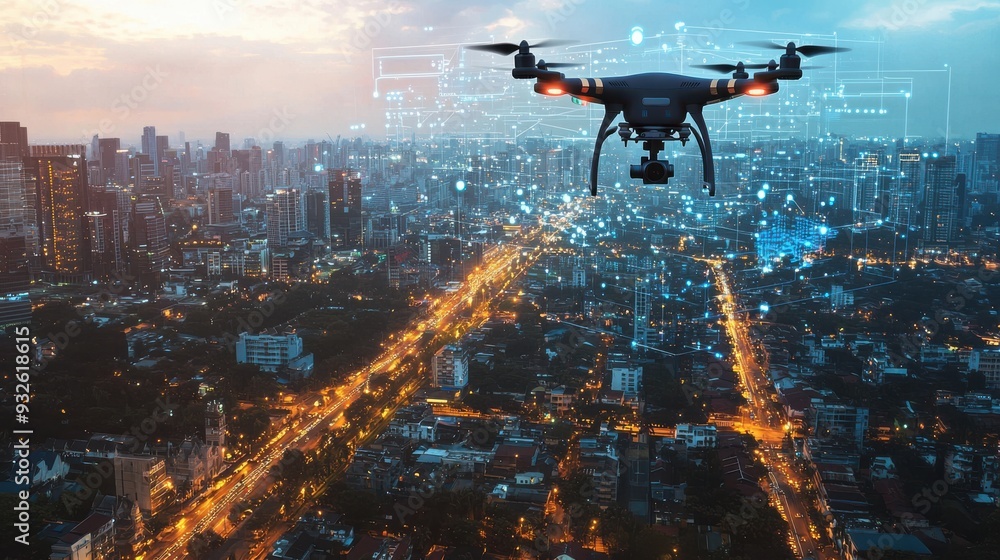 An aerial view of a city with a drone flying overhead, capturing high ...