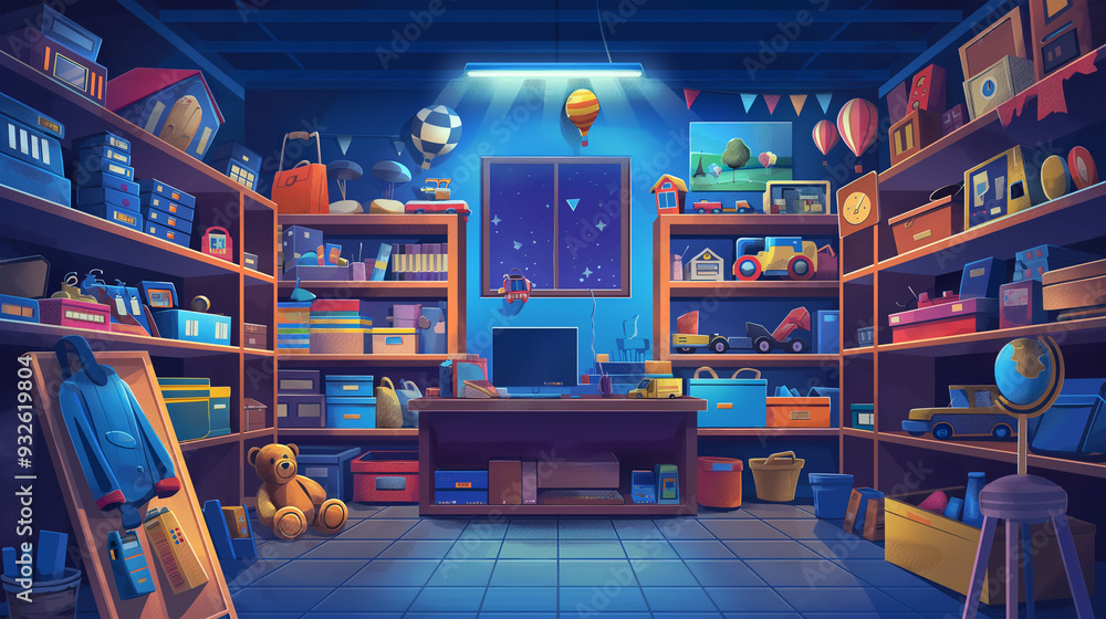 Cartoon toy shop with furniture and goods on shelves at night, game ...