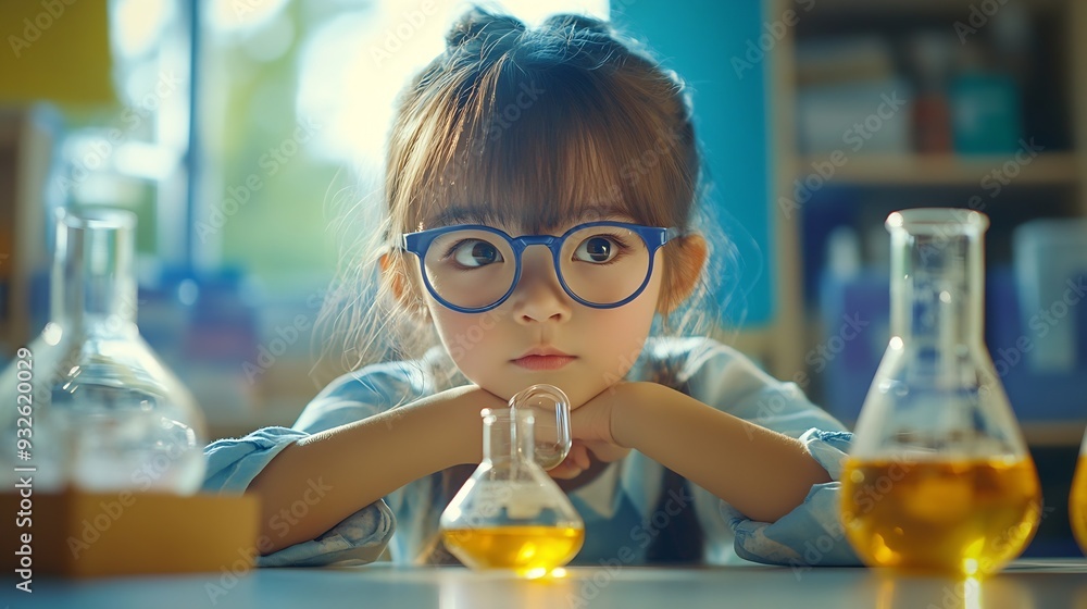 Girl classroom and science beaker for learning education and test with ...