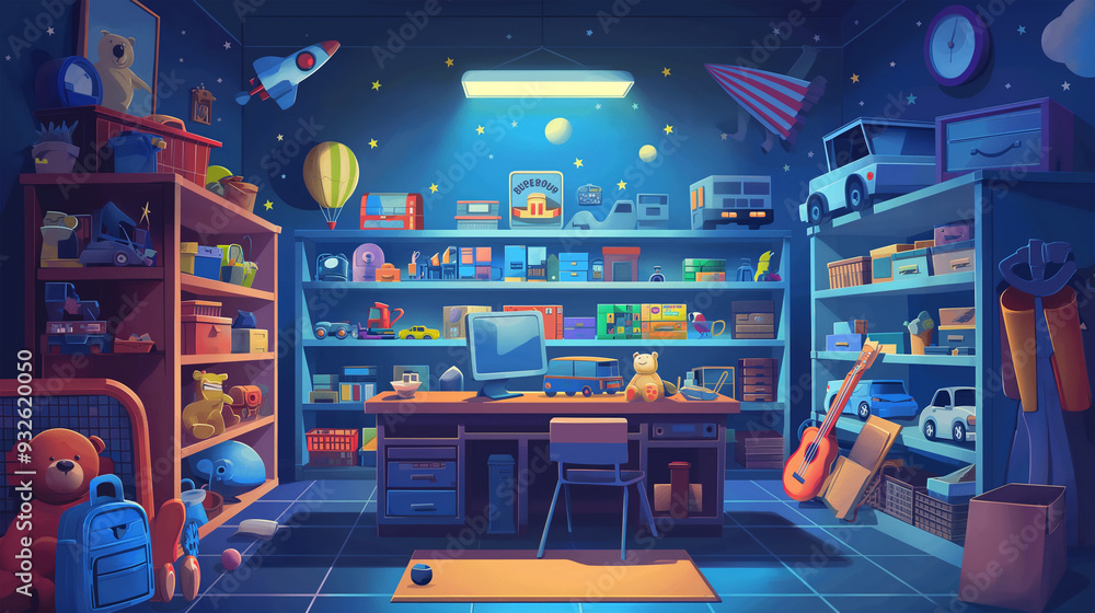 Cartoon toy shop with furniture and goods on shelves at night, game ...