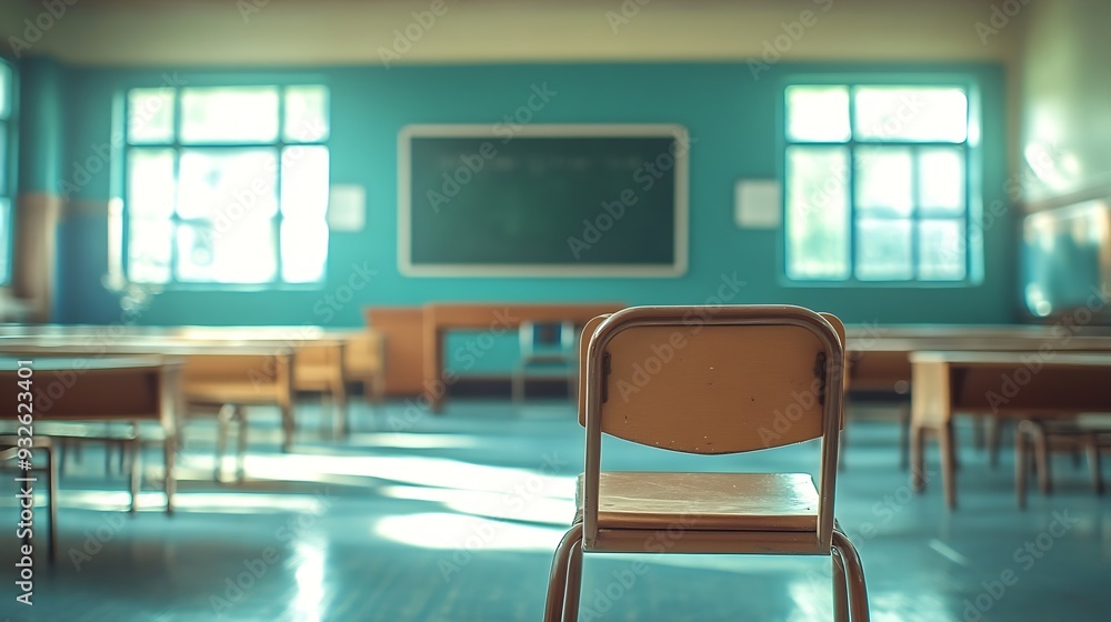 Blur background of interior design of empty classroom with blackboard ...