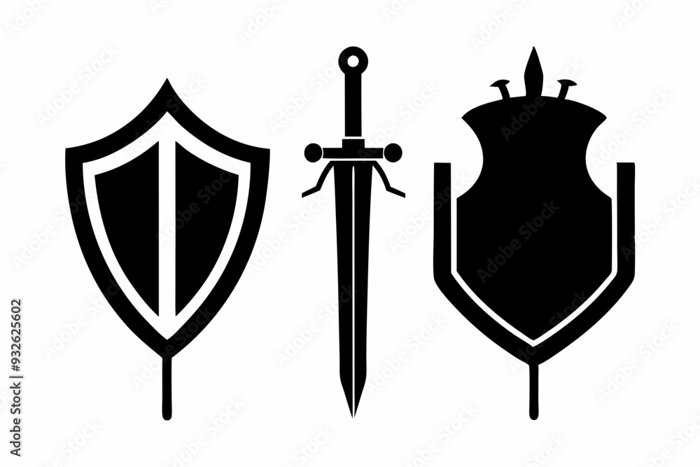 shield and sword icon, Protect shield security icons. Shield badge quality symbol. Collection of ...