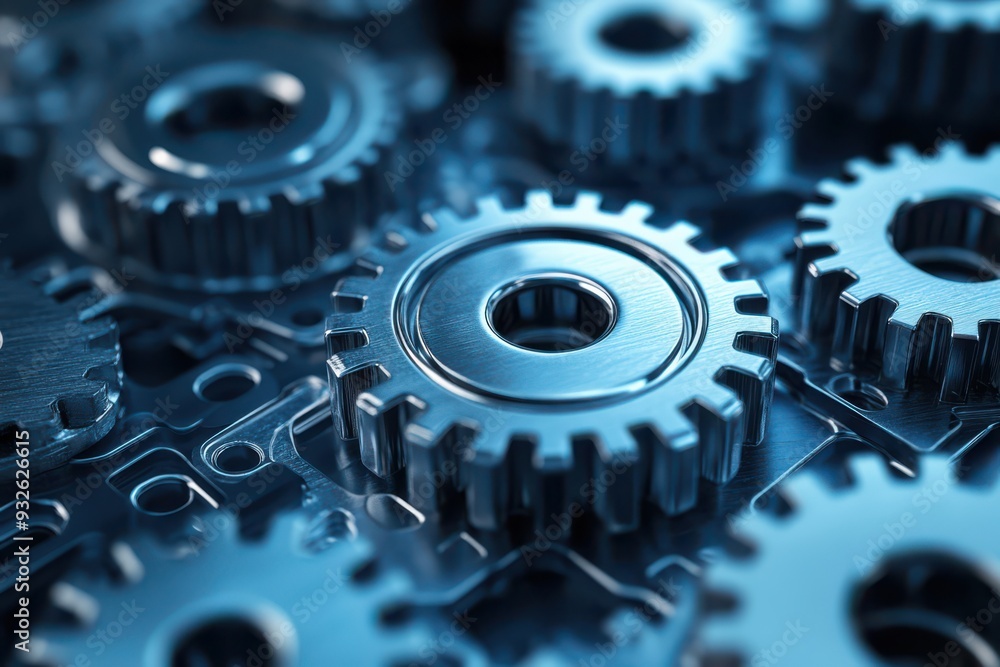 A close up of many gears with a metallic look. The gears are all ...