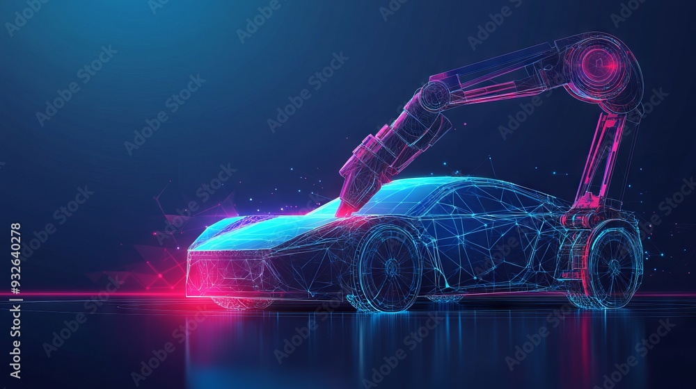 Abstract robotic arm and robotic tool repairing a car with polygon line ...