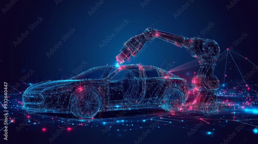 Abstract robotic arm and robotic tool repairing a car with polygon line ...