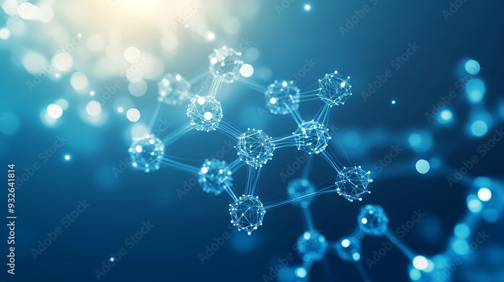 An abstract model of molecule low poly wireframe on a blue background ...