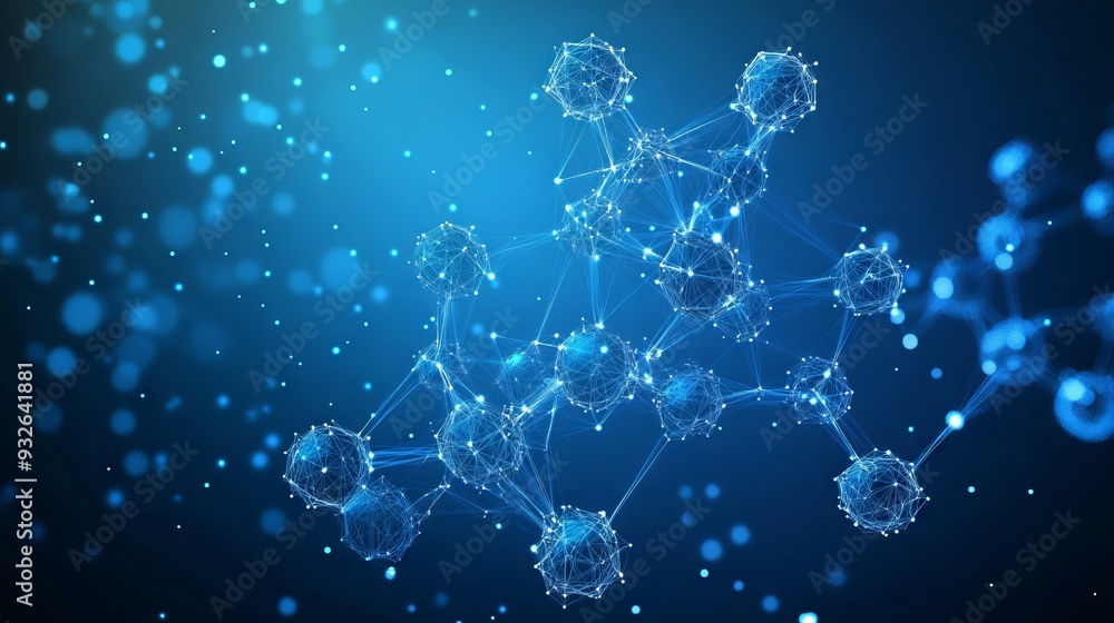 An abstract model of molecule low poly wireframe on a blue background ...