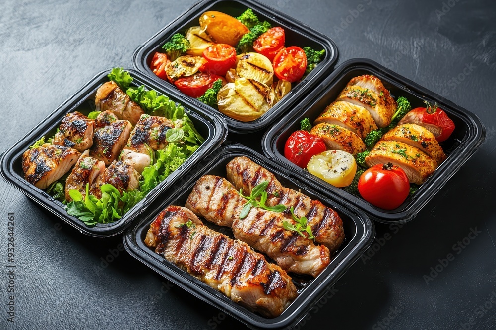 Nutritious catering lunch delivery with steak chicken fish and veggies ...
