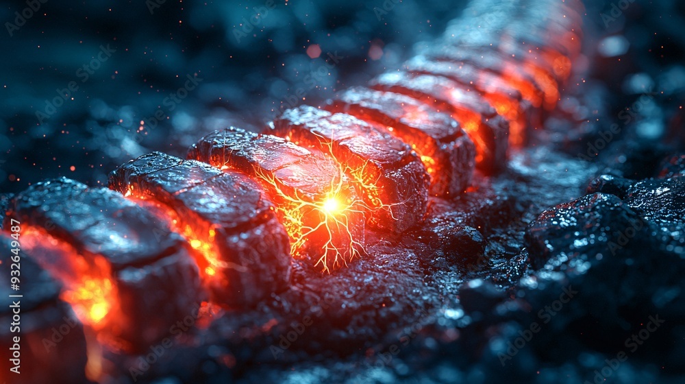 A glowing red herniated disc in the spine, with nerves around it shown ...