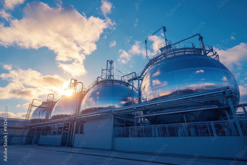 Spherical hydrogen storage tanks at gas production plant under blue sky ...