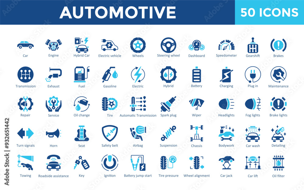 Automotive icon set with car, engine, hybrid car, electric vehicle ...