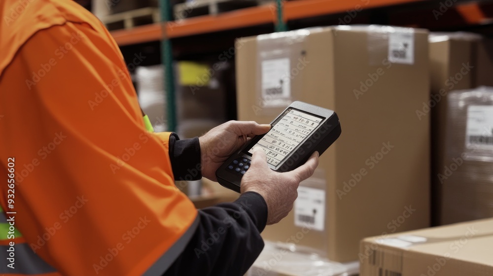 Poster, Foto A logistics employee scanning barcodes on packages with a handheld scanner ...