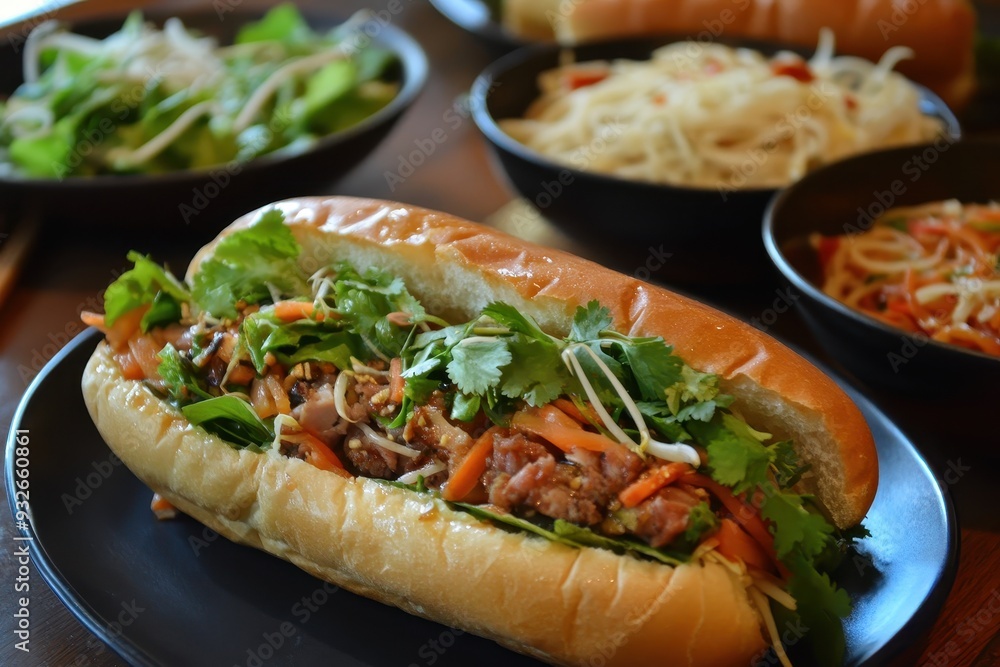 Vietnamese lunch with banh mi sandwich salad and noodles Stock Photo ...