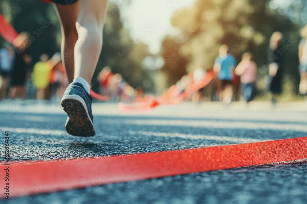 Vintage tone image of children crossing red ribbon at finish line Stock ...