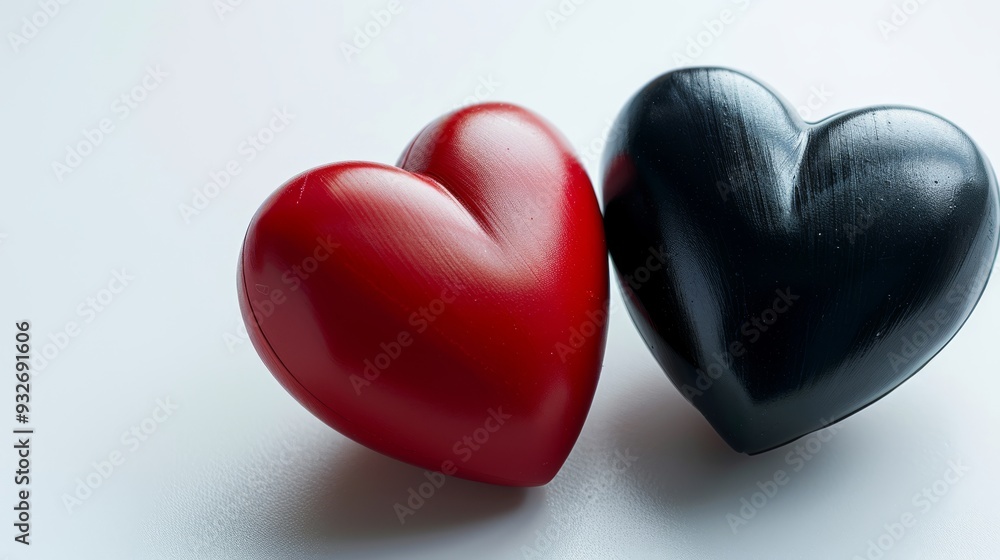Bold heart shapes in contrasting black and red on a stark white ...