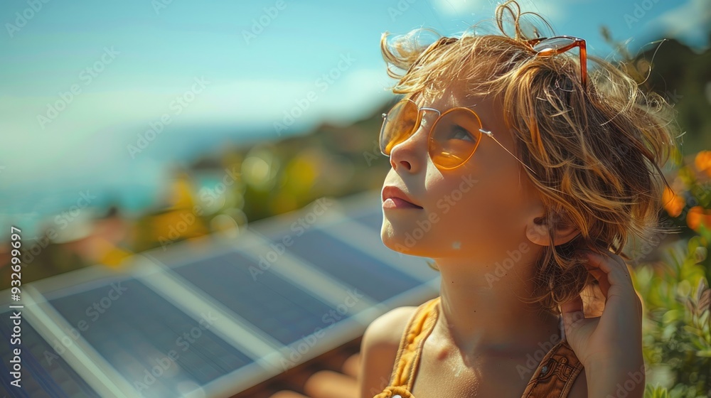 cute boy,roof,solar panels hand shielding eyes from summer sun rooftop ...