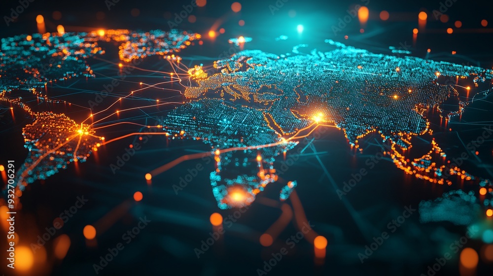 Geospatial analysis, 3D map with data points and heat maps, glowing ...