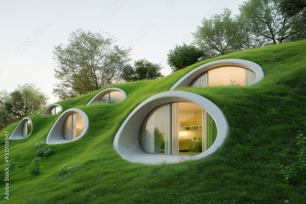 Unique earth-sheltered homes with circular windows integrated into a ...
