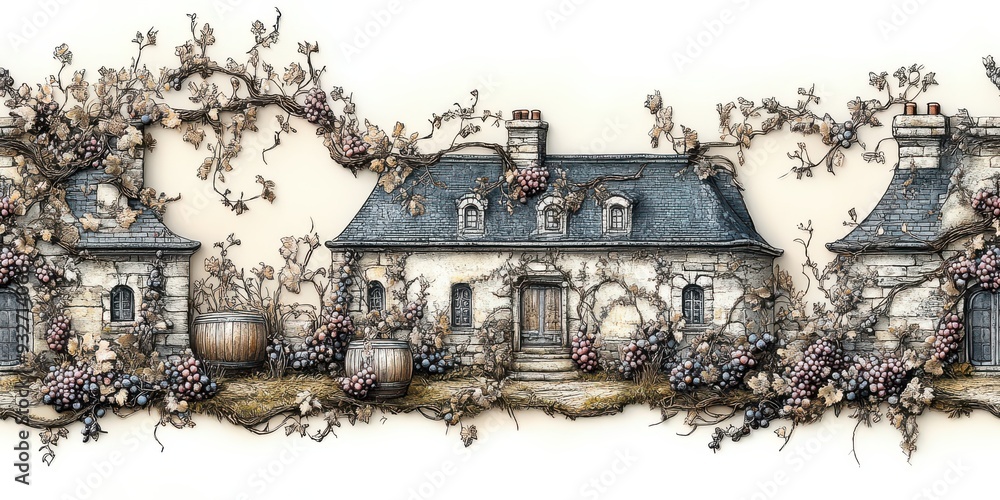 Beautiful French Country Cottage Line Drawing with Rustic Floral ...