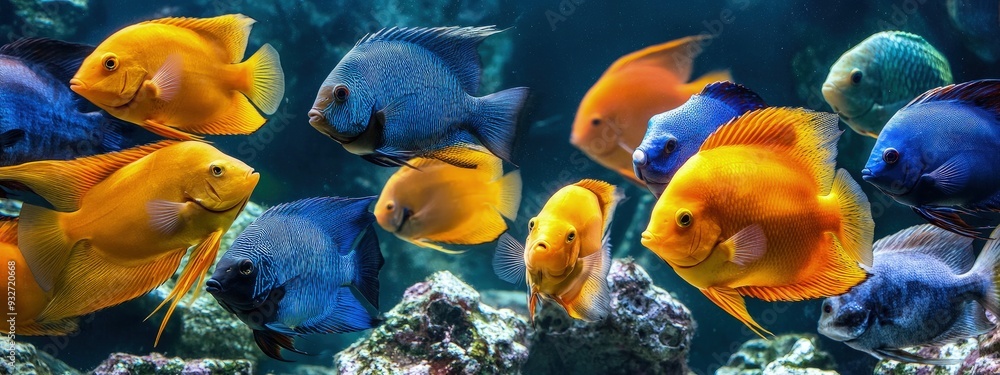 Genetically engineered fish, vibrant colors, in a controlled tank, soft ...