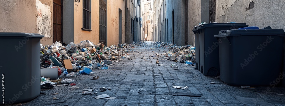 Trash-filled alley, overflowing bins, litter scattered, dim street ...