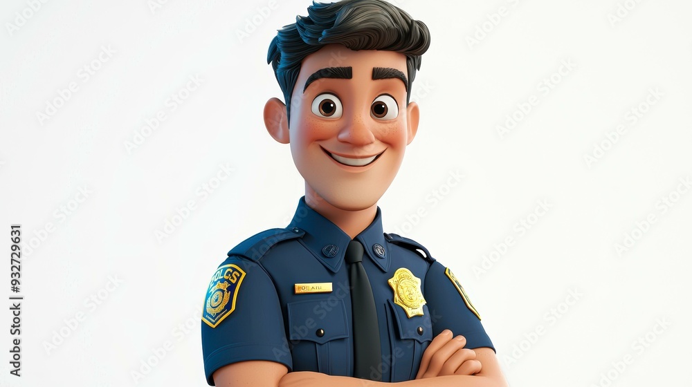 An animated cheerful police officer with a friendly expression ...