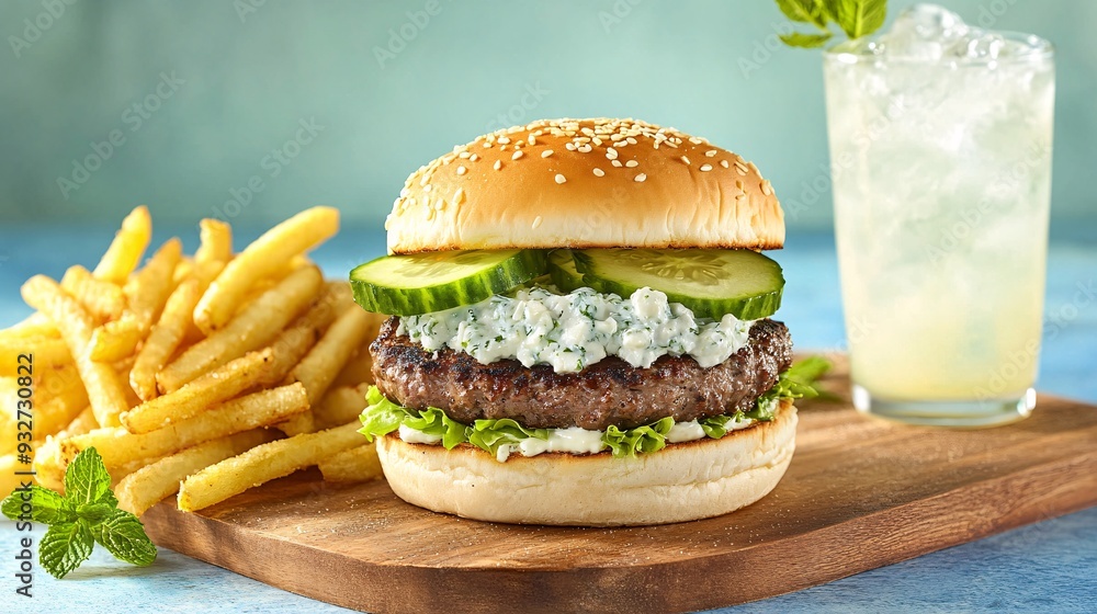 An enticing burger set showcasing a lamb burger with feta cheese ...