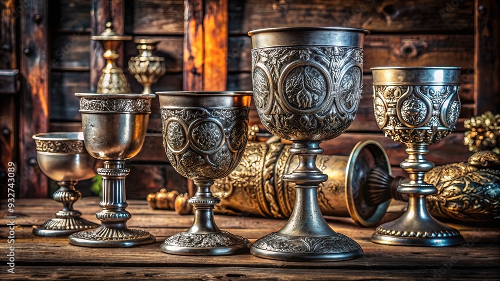 Ornate silver goblets adorned with intricate carvings, rich aged ...
