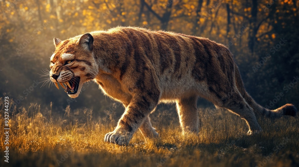 A type of prehistoric cat known as Smilodon with saber teeth background ...